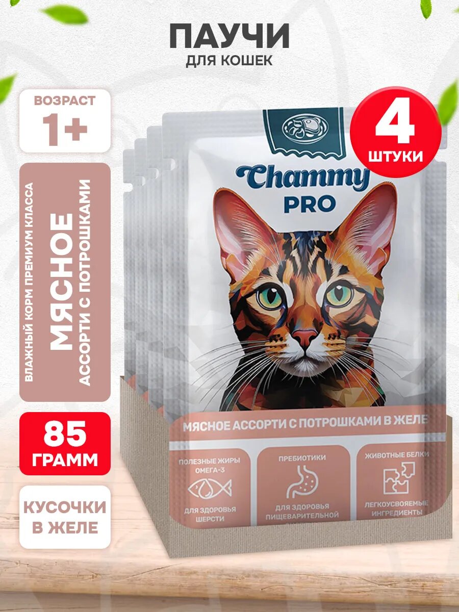 Корм влажный Chammy Pro для взрослых кошек, мясное ассорти, потрошки в желе, 85 г 4 шт