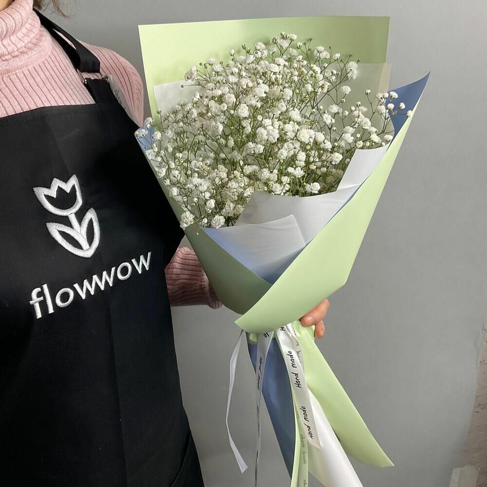 Букет Well-Flowers, гипсофила, круглый, высота 45 см, 3 цветка, белый, букет свежих цветов — фото 1