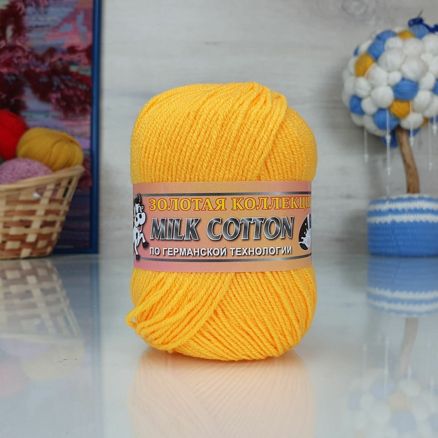 Пряжа COLOR-CITY Милк коттон, желтый - 013, 45% хлопок, 15% шелк, 40% молочный акрил, 10 мотков, 50 г, 150 м.