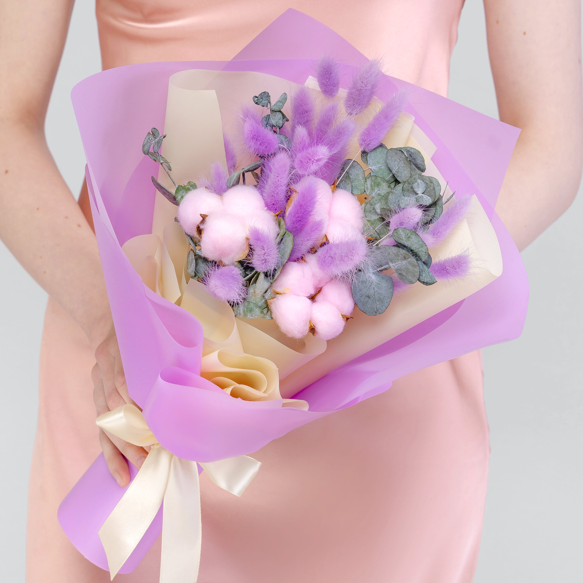 Дуо-букет из сухоцветов "Хлопок и лагурус миди", розовый/сиреневый, дизайнерская упаковка