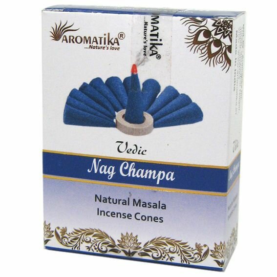 Vedic NAG CHAMPA Natural Masala Incense Cones, Aromatika (Ведик НАГ чампа, натуральные конусные благовония, Ароматика), уп. 10 конусов.