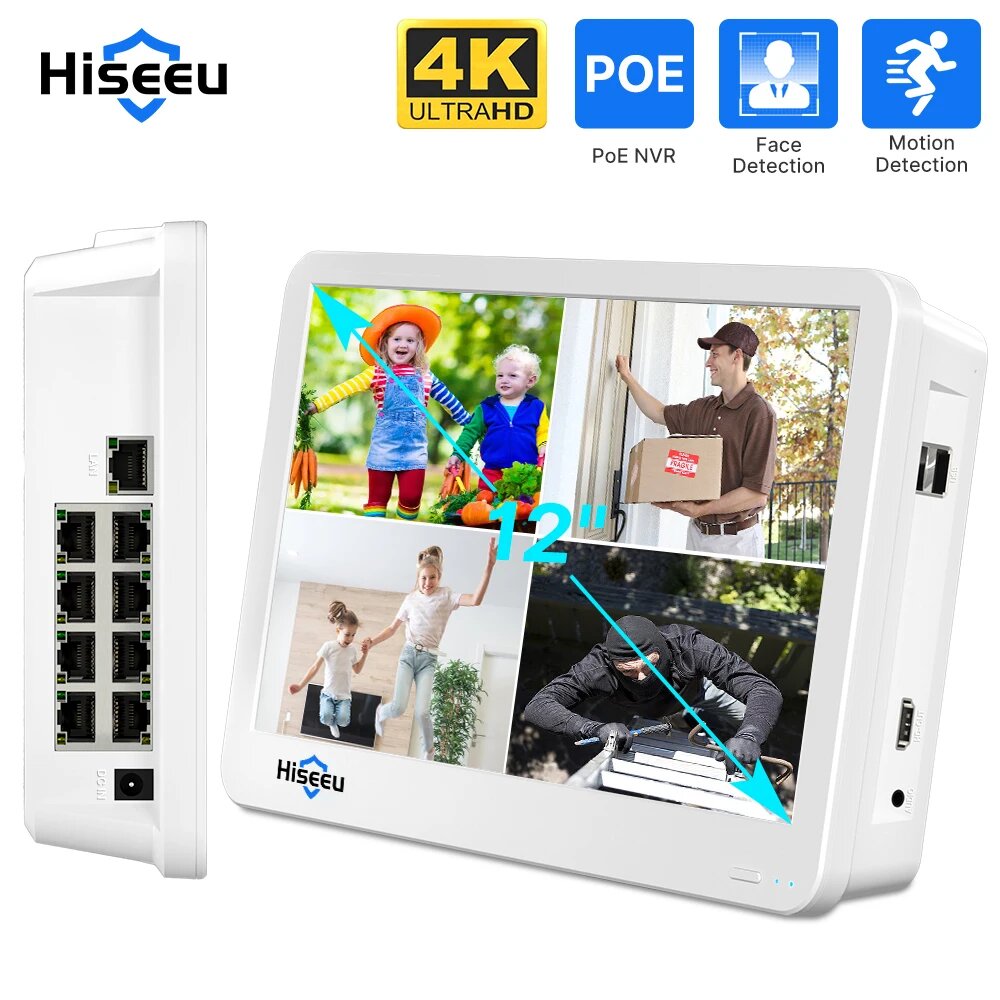 Hiseeu 8-канальный сетевой видеорегистратор 4K с 12-дюймовым экраном 1т
