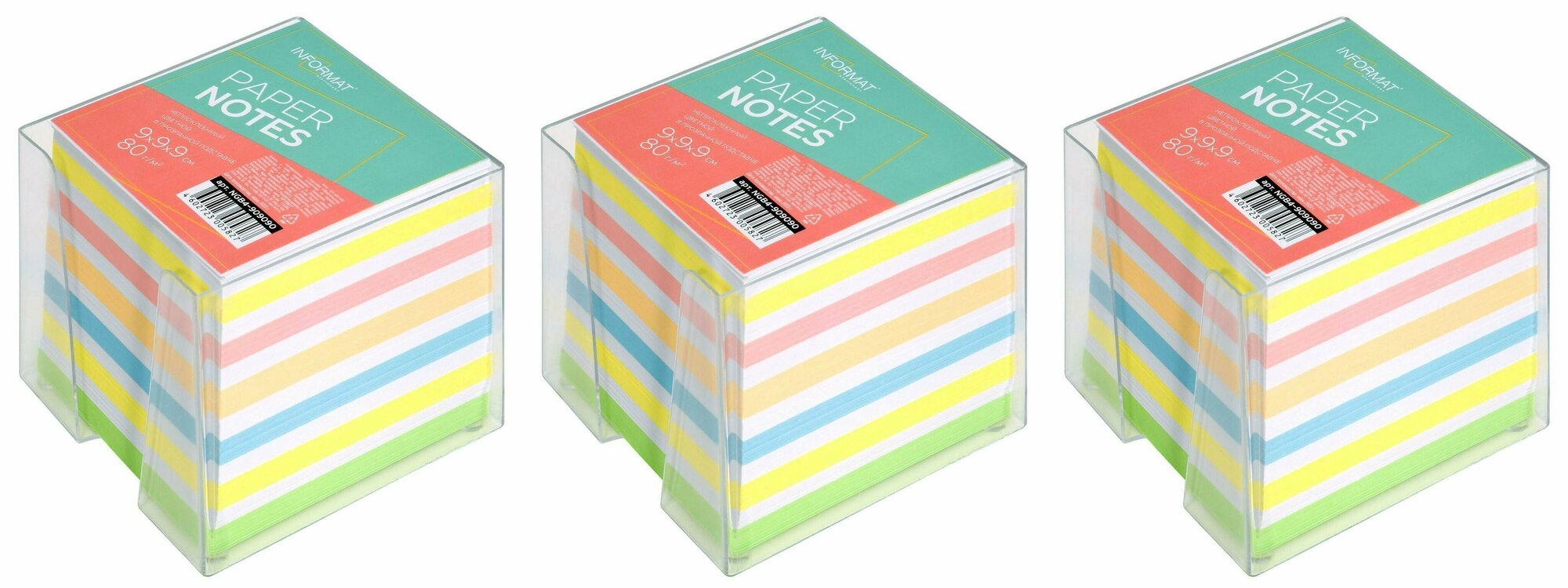 InФормат Блок для записей в подставке, прозрачная подставка, цветной блок, 3уп.