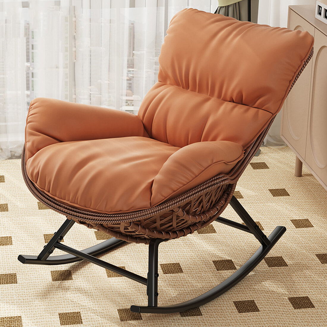 Плетеное кресло-качалка Radius, темное (оранжевая подушка)