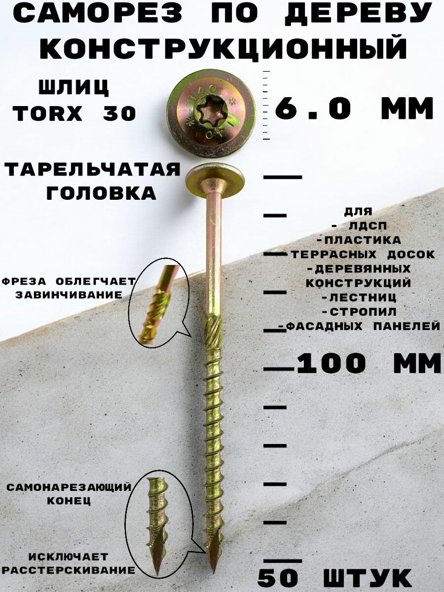 Саморез HIMTEXfix конструкционный отделочный по дереву, с тарельчатой головкой 6,0*100/60 мм, TORX 30, сталь, 50 шт.