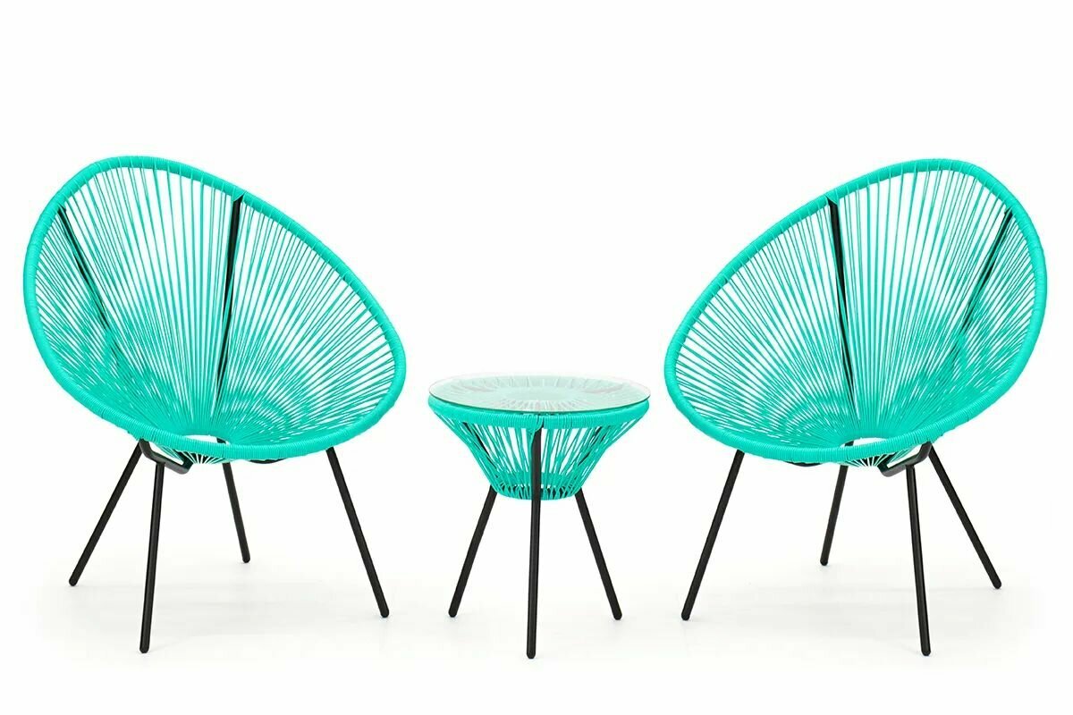 Комплект плетеной мебели KORNERA "Акапулько" на 2 персоны, каркас черный, искусственный ротанг аквамарин