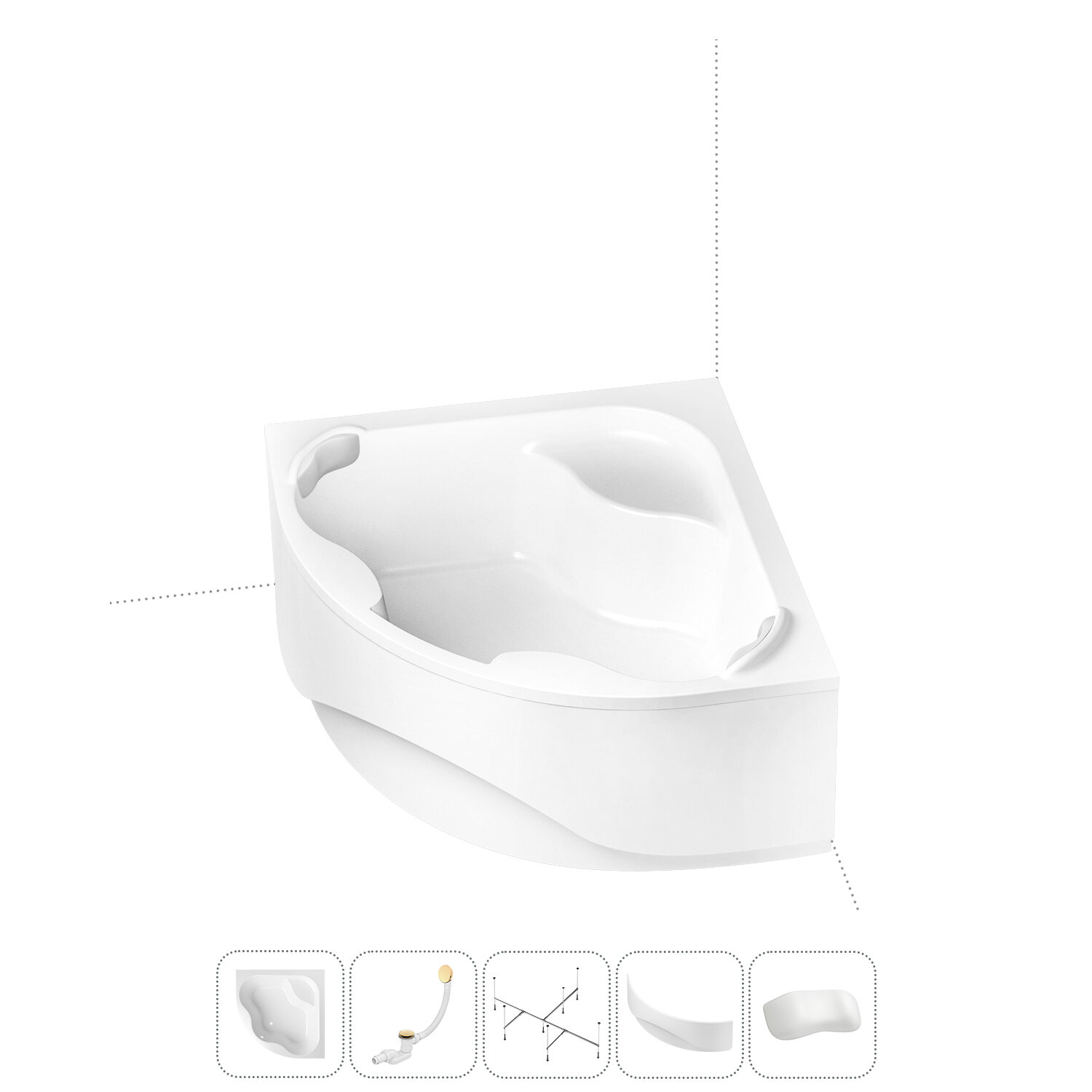 Угловая ванна акриловая 140 x 140 с каркасом и экраном Lavinia Boho Aveo 202011783 в наборе 5 в 1: акриловая ванна, слив-перелив, каркас, экран, подголовник 2 шт.