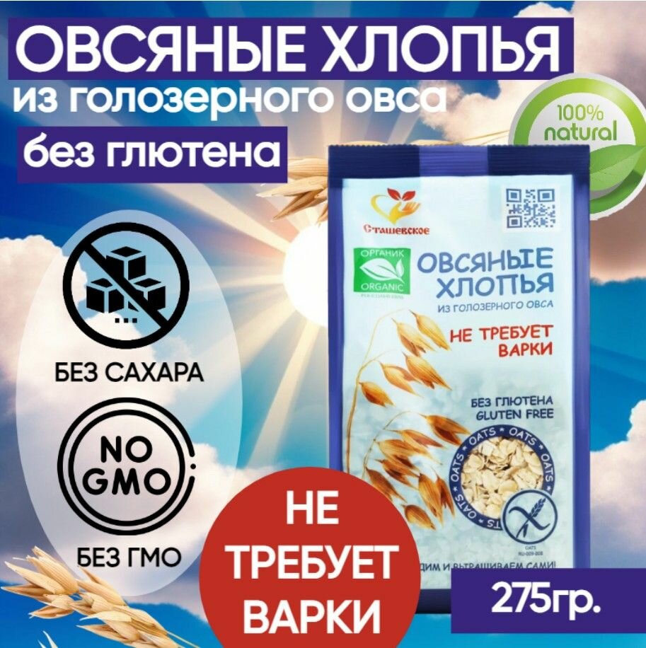 Хлопья овсяные из голозёрного овса натуральные, без глютена, не требующие варки 275 гр, Сташевское
