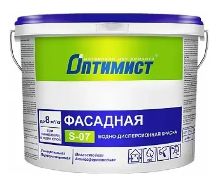 Краска Фасадная Оптимист S-07 7кг Белая, Матовая, Водно-Дисперсионная.