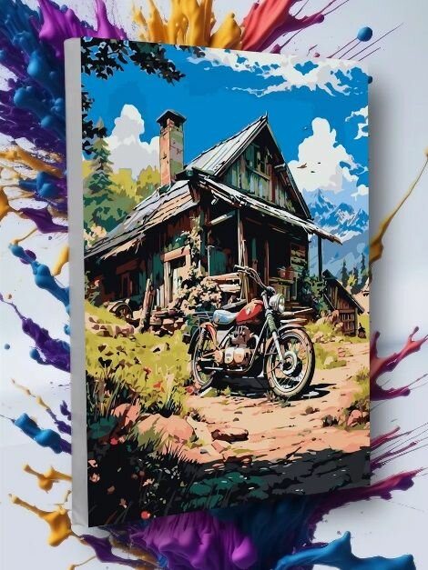 Картина по номерам мотоцикл мото хижина дом 40*50