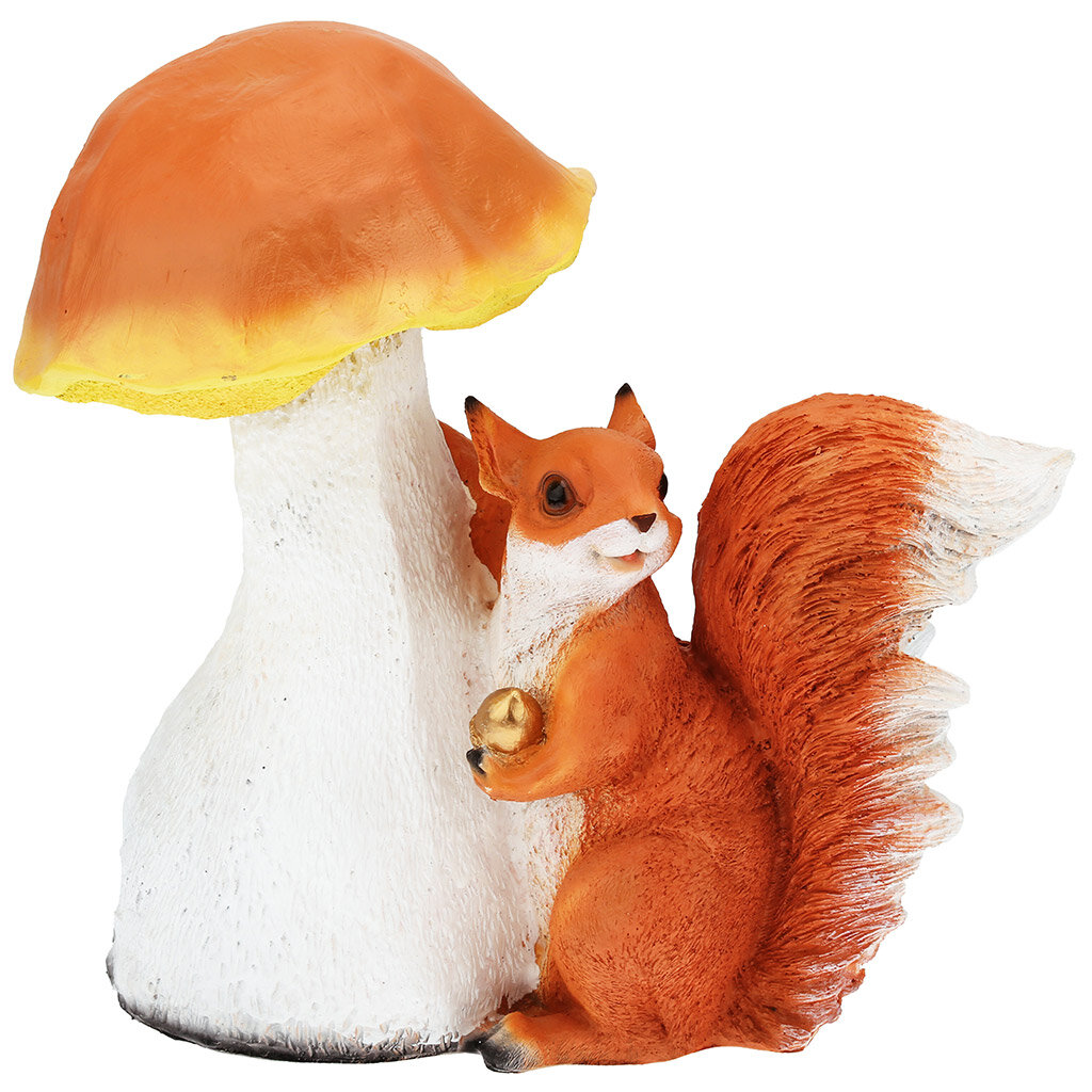 Скульптура-фигура садовая Домашняя Мода из полистоуна "Гриб-подосиновик с белкой", 26х43х40 см (F1005)