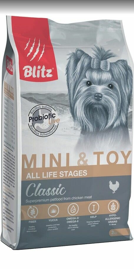 Сухой корм BLITZ ADULT DOG MINI&TOY корм для взрослых собак миниатюрных и мелких пород, с курицей 2кг