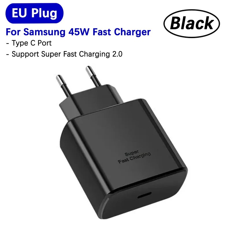 Зарядное устройство Samsung 45 Вт PD Super Fast Charging 2.0 USB Type C Настенный адаптер для Galaxy S24 Plus S23 S22 Ultra A55 A35 M55 F55 Tab S9 Black-Only EU Plug
