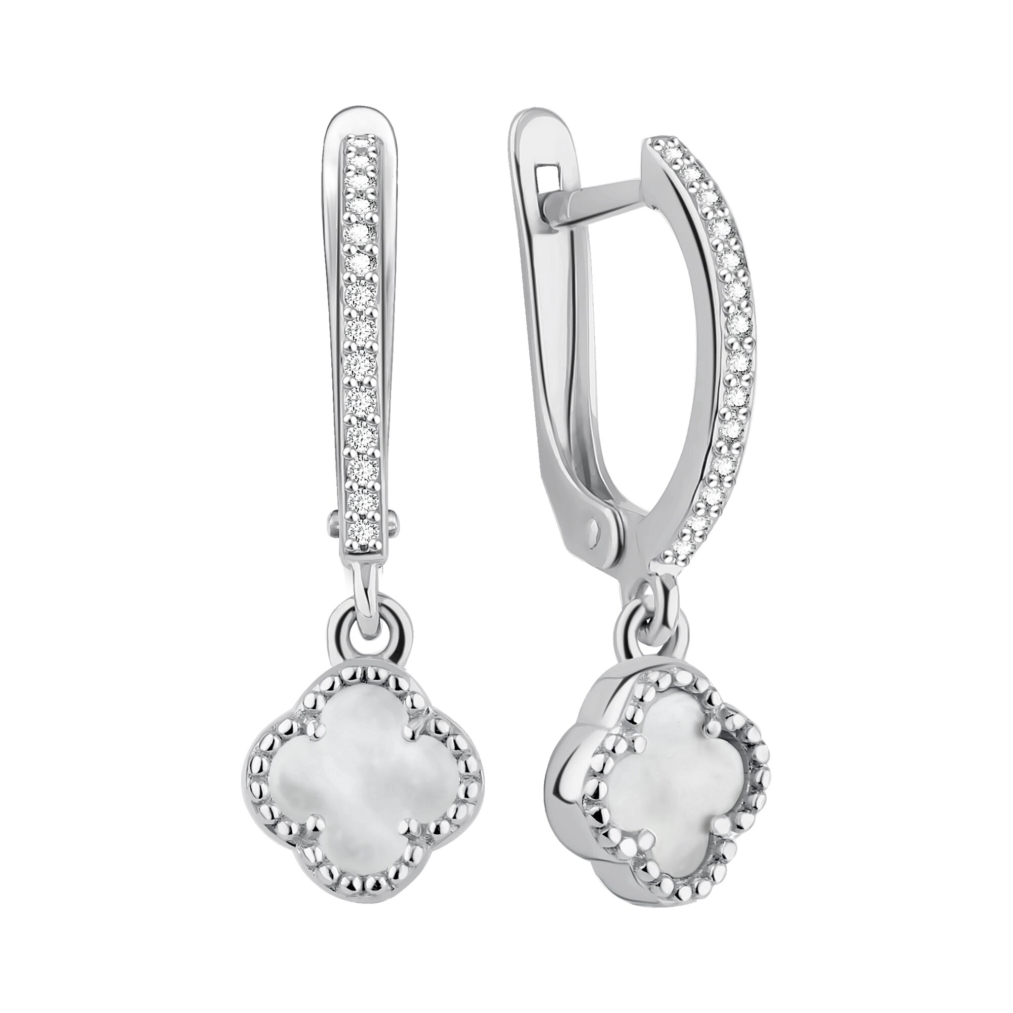 Серьги, серебро, 925 проба, родирование, перламутр, фианит