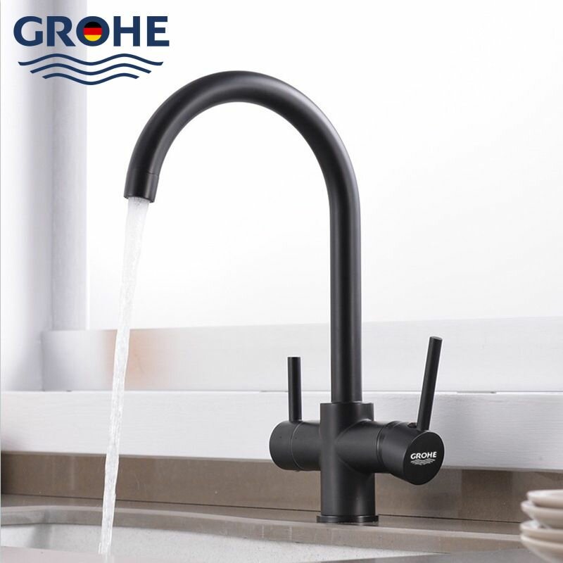 Кухонный смеситель GROHE для горячей и холодной воды с фильтром для питьевой воды Чёрный