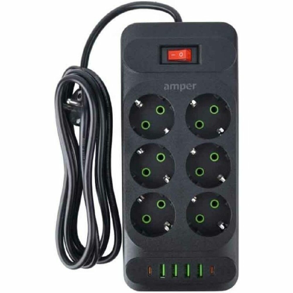 Сетевые фильтры Amper сетевой удлинитель, 4,0м, 6 розеток, 10А, 2500 Вт, 4usb,2Type - C, черный. JH - 1076U - 4B