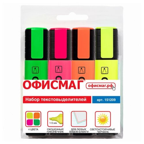 Набор текстовыделителей офисмаг 4 шт, Ассорти, линия 1-5 мм, 151209