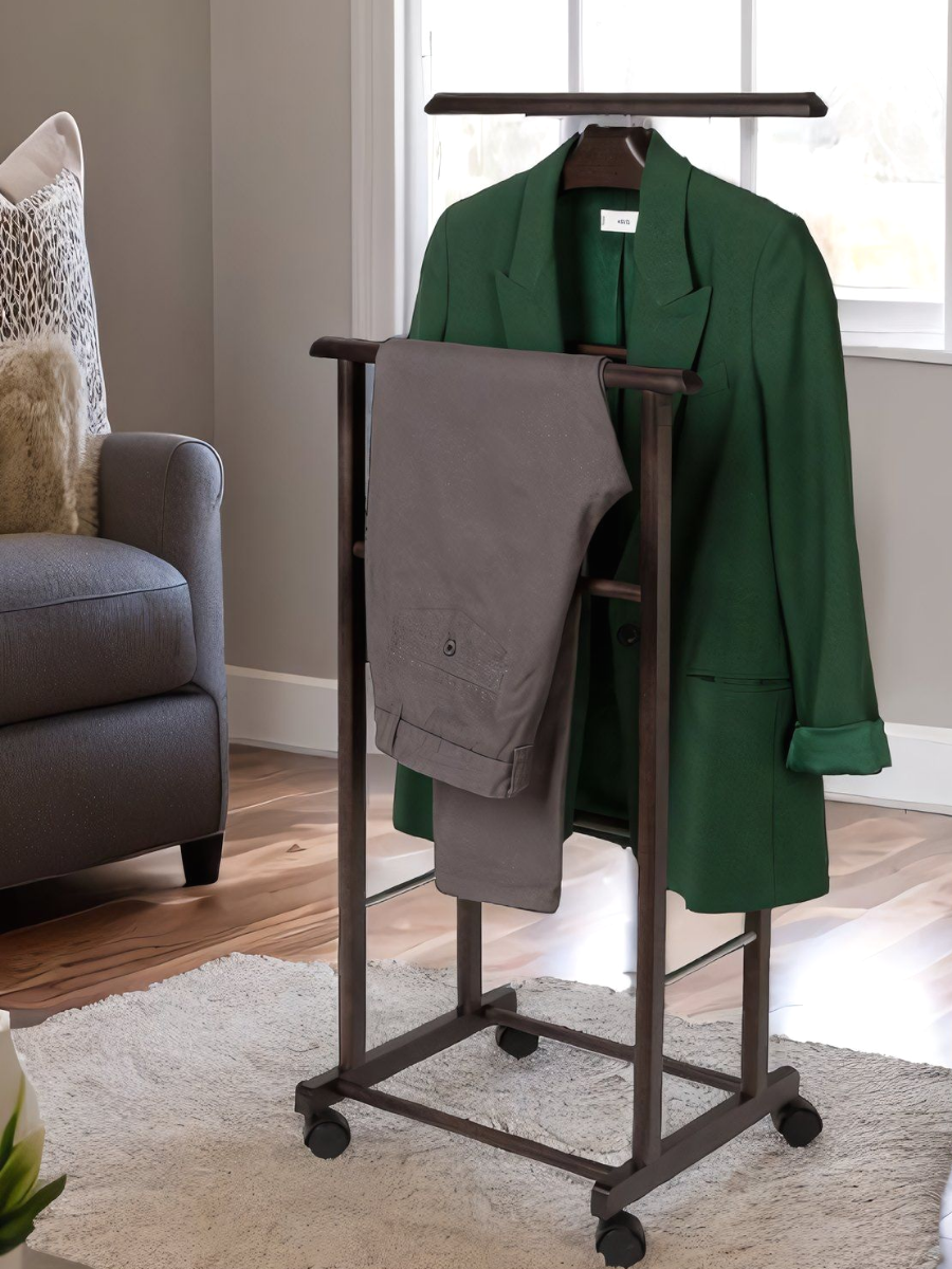 Вешалка напольная для одежды деревянная Женева люкс двойная на колесах массив бука цвет венге