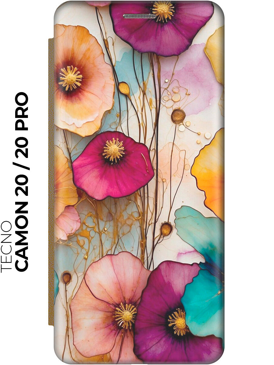 Чехол-книжка на Tecno Camon 20 / 20 Pro / Техно Камон 20 / 20 Про с рисунком "Панно из цветов" золотой