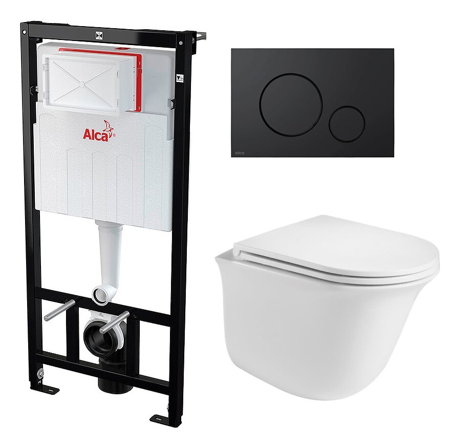 Комплект 3 в 1 инсталляция AlcaPlast + Подвесной унитаз WeltWasser Telbach 004 GL-WT + черная кнопка