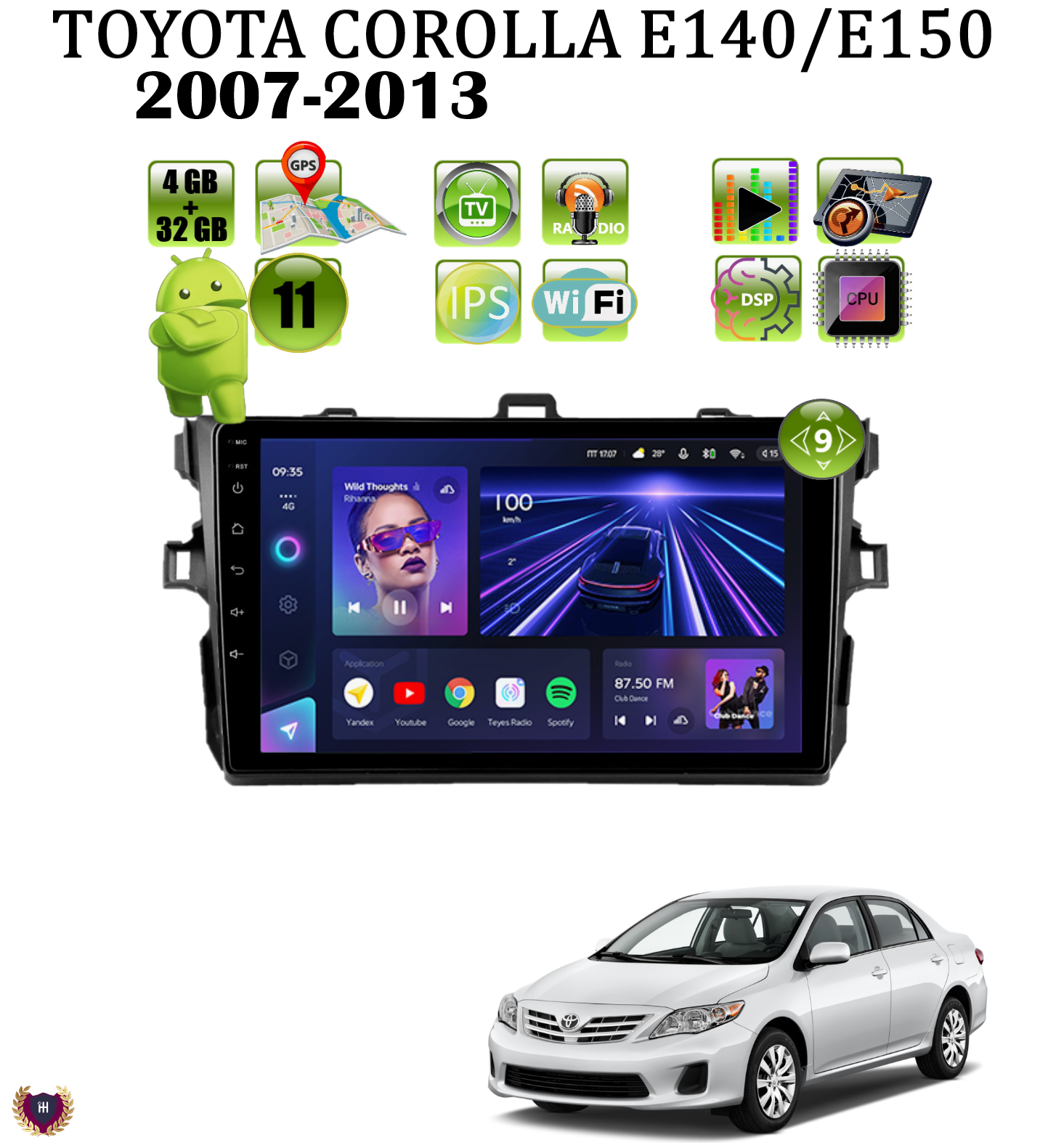 Автомагнитола для Toyota Corolla E140/E150 (2007-2013), Android 11, 4/32 Gb, Wi-Fi, Bluetooth, GPS, CarPlay, FM
