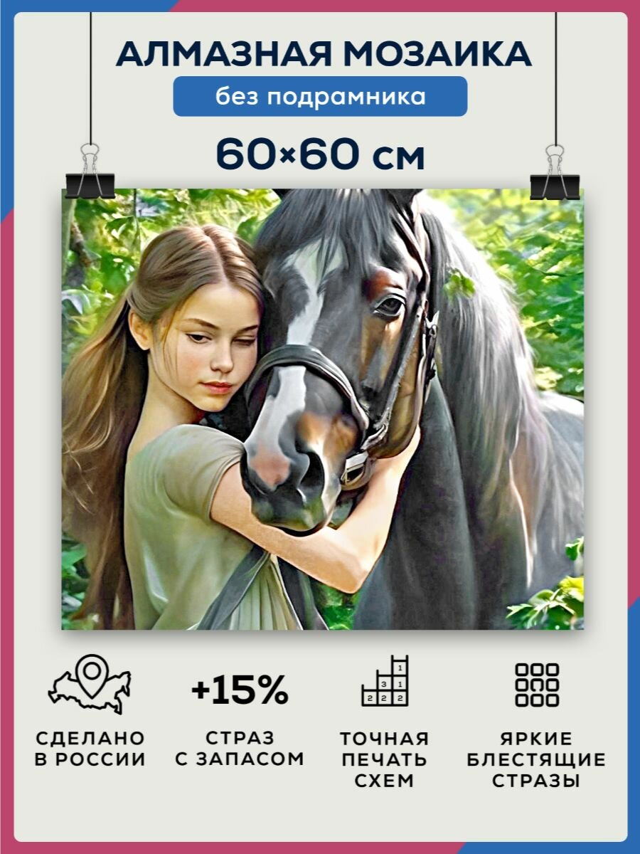 Алмазная мозаика 60x60 Девочка и конь без подрамника