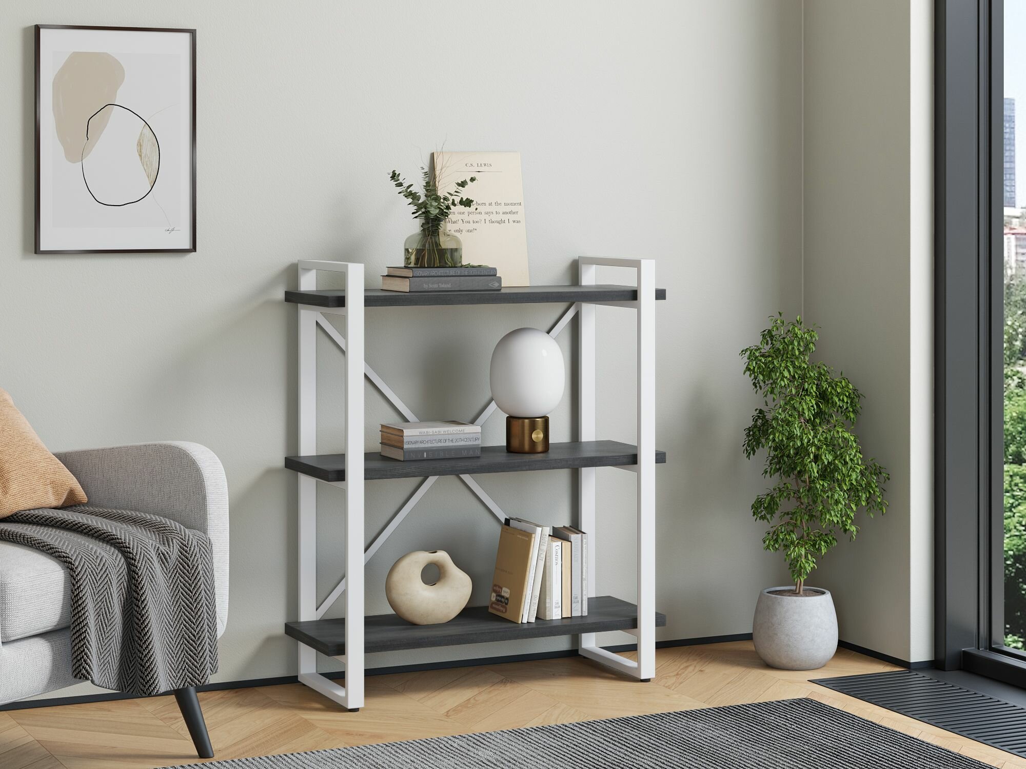 Стеллаж Айсберг Лофт 80х102-2 белый/северное дерево темное