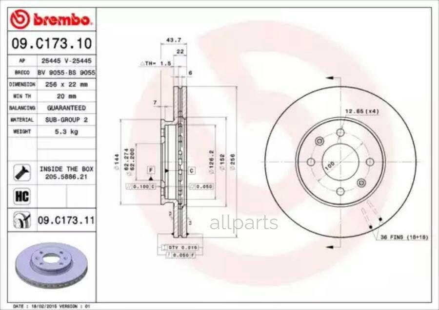 BREMBO 09C17311 диск тормозной вентилируемый перед HYUNDAI HYUNDAI SOLARIS 10-KIA RIO 11-