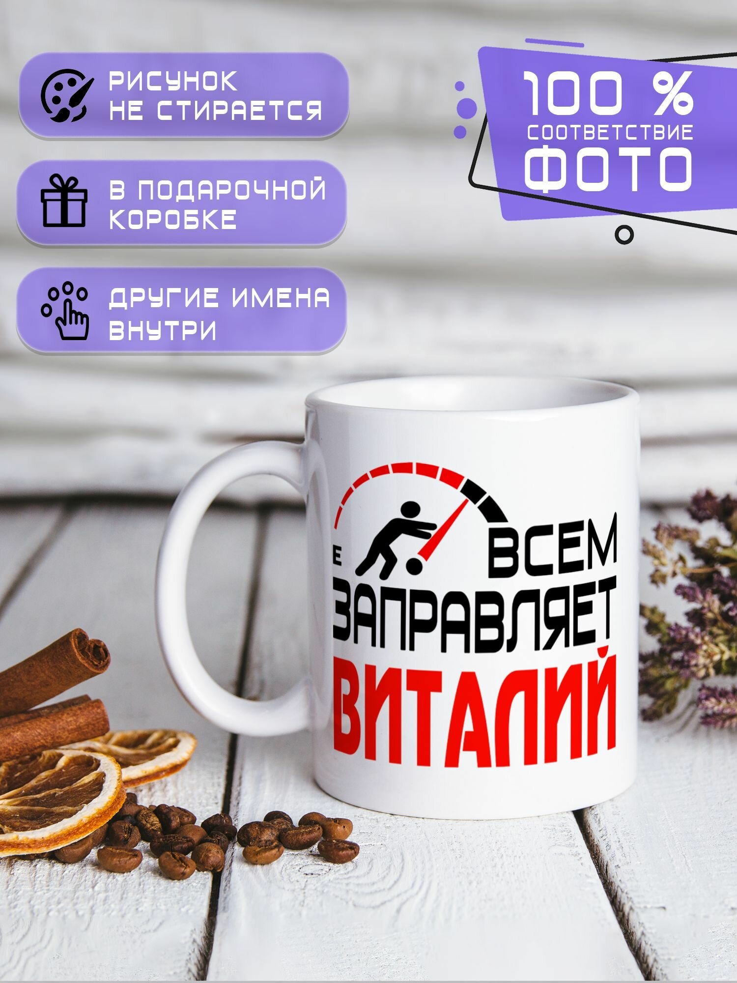 Кружка керамическая подарок на день рождения, именная с принтом "Всем заправляет Виталий"