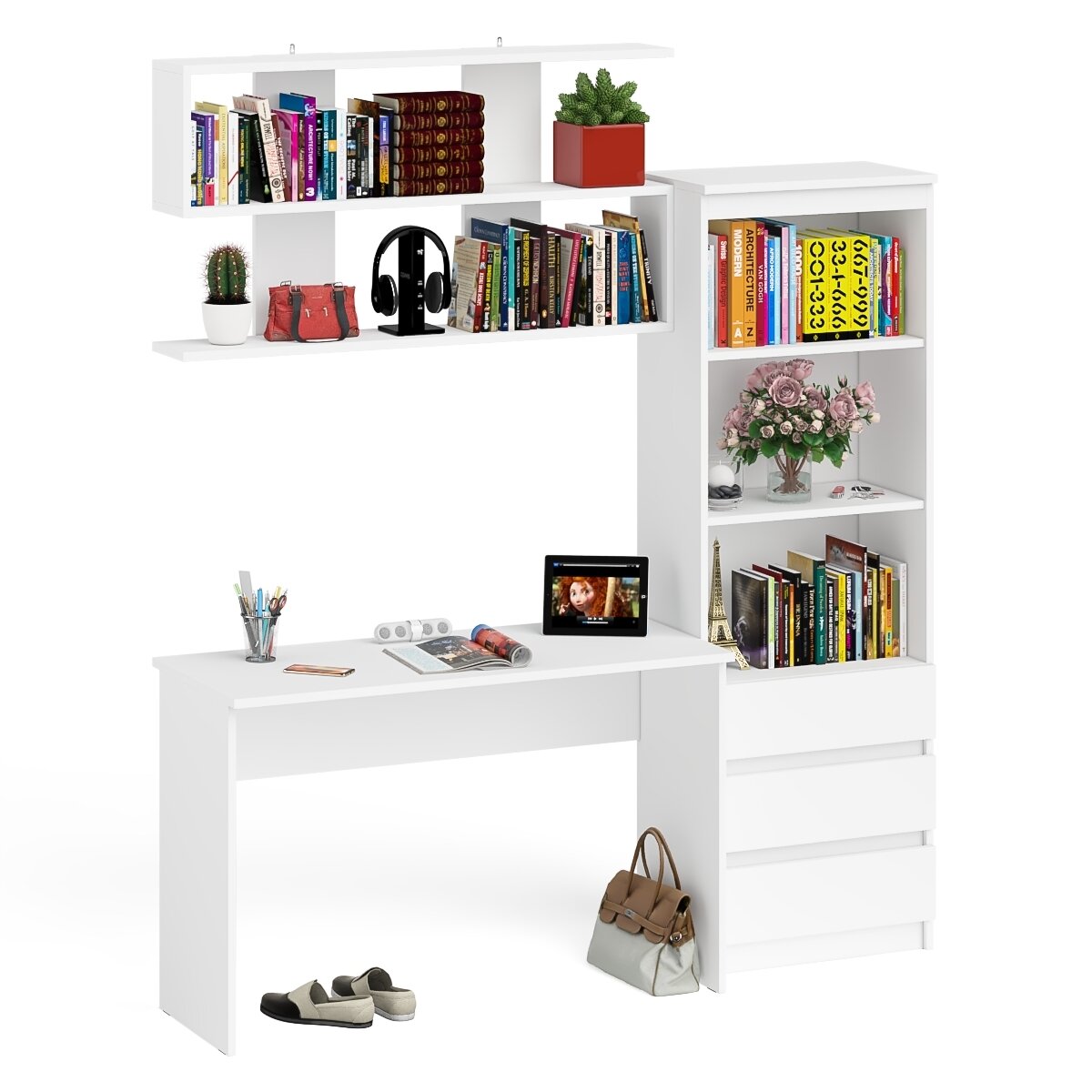 Стол письменный Мори МСП1200.1 + Стеллаж МСТ600.3 + Полка 1200, цвет белый