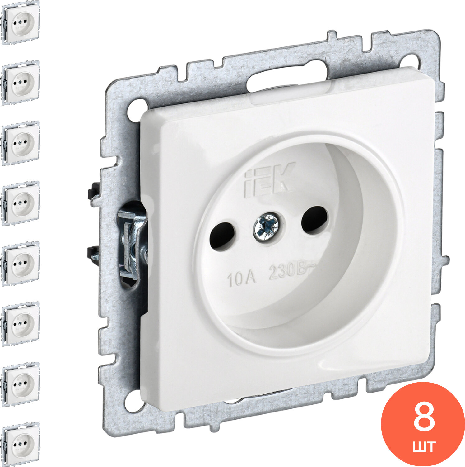 Розетка силовая штепсельная IEK / ИЭК Brite РС10-1-0-БрБ, 10А IP20 белый без заземления без защитных шторок, BR-R10-10-K01 / электрооборудование (комплект из 8 шт)