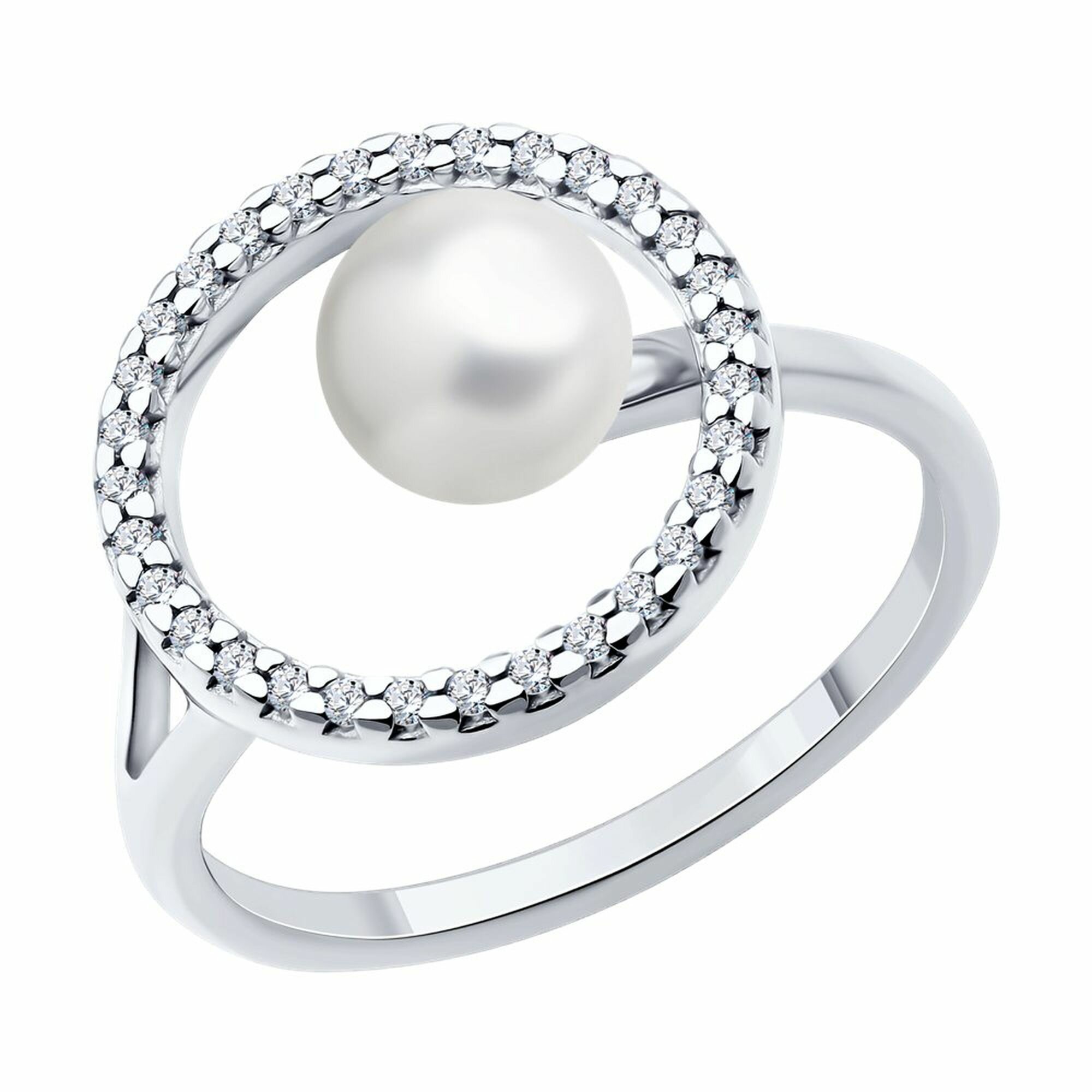 Кольцо, серебро, 925 проба, родирование, жемчуг, фианит