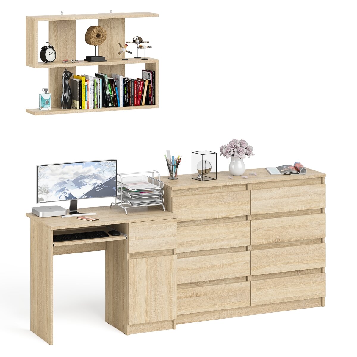 Большой комод Мори на восемь выдвижных ящиков со столом правый и полкой, цвет дуб сонома, ШхГхВ 210,4х50х209,6 см.