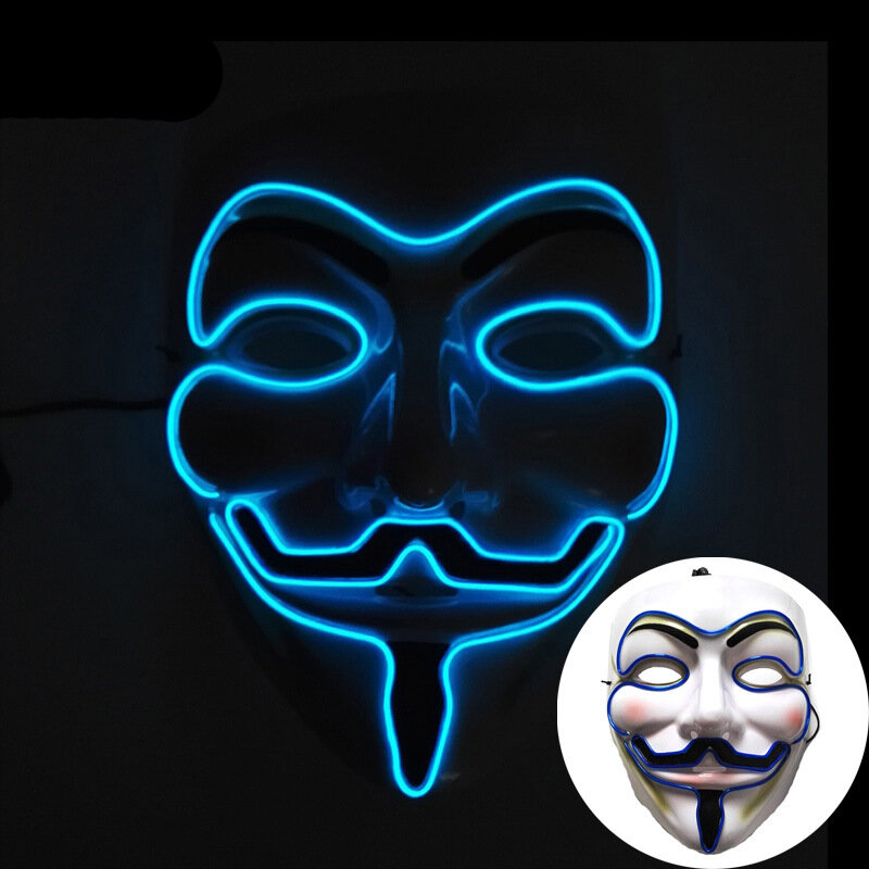 Маска V-образная "Вендетта", для косплея, светодиодная, холодный свет, темно-синяя