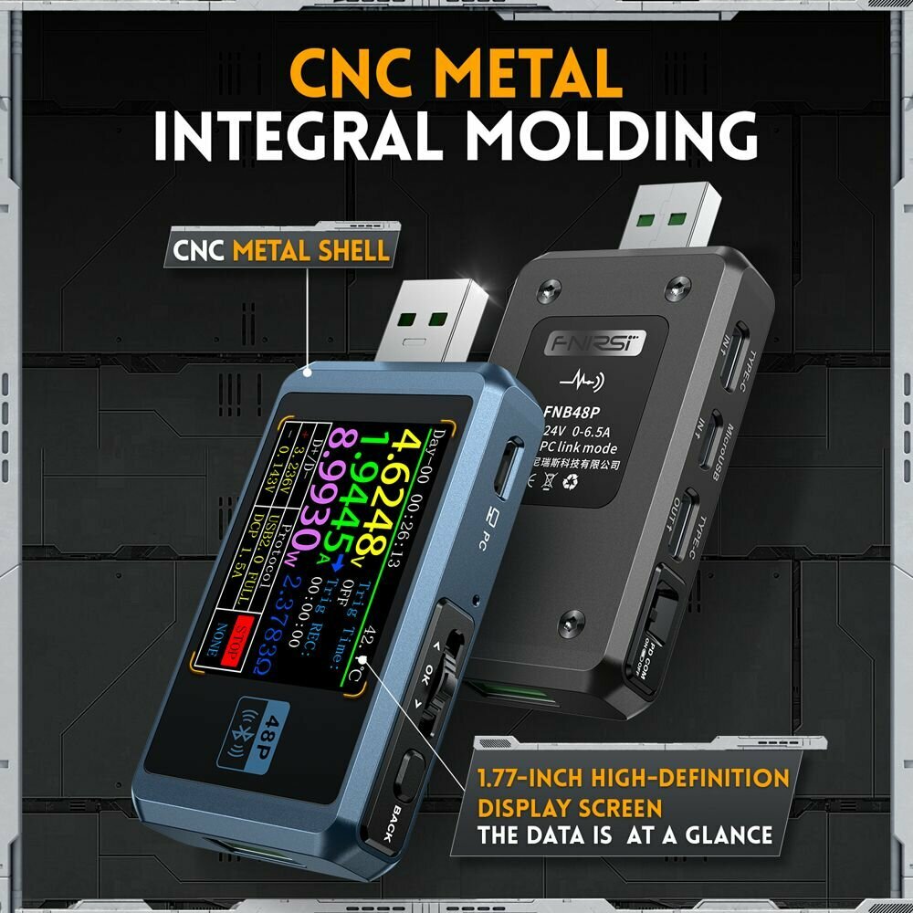 FNIRSI FNB48P, 6-разрядный тестер, вольтметр/амперметр, зарядка USB-C, измерение ёмкости и сопротивления
