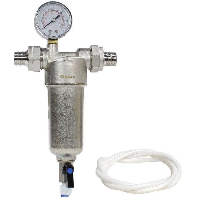 Фильтр самопромывной для воды сетчатый резьбовой 1/2", PN16, WAAG, латунь, со сливным краном, (холодная/горячая вода), с манометром