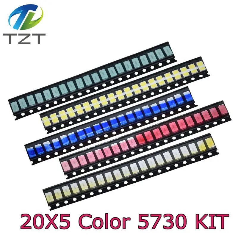 100 шт. = 5 цветов x 20 шт. 5730/5050/128/1206/0805/0603 Ассортимент светодиодных диодов SMD Комплект светодиодных диодов Зеленый красный Белый Синий Желтый 5630