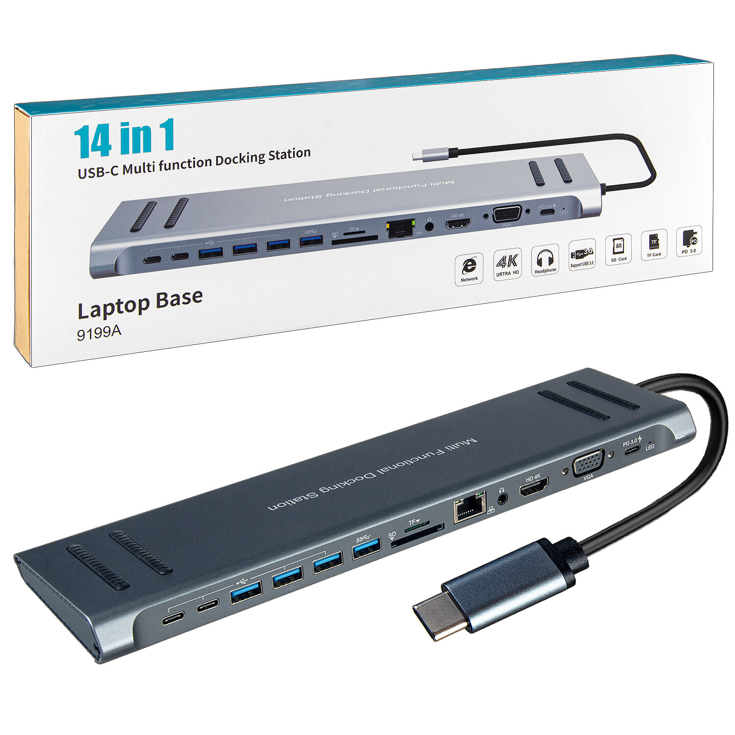 HUB Type-C 14 in 1 (2Type-C + 4USB + SD + Micro SD + HDMI + Enternet RJ45 + Jack 3.5mm+VGA+USB-C PD)