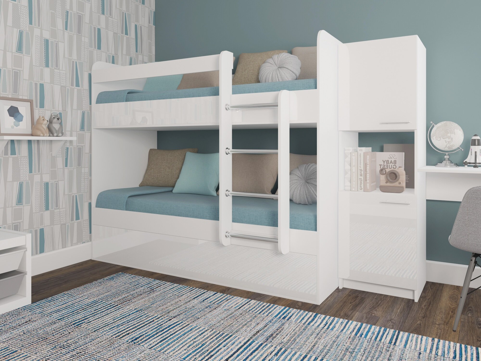 Кровать двухъярусная Есэндвич kids Лаворо 180х70 см, правая (Белый/Белый глянец)