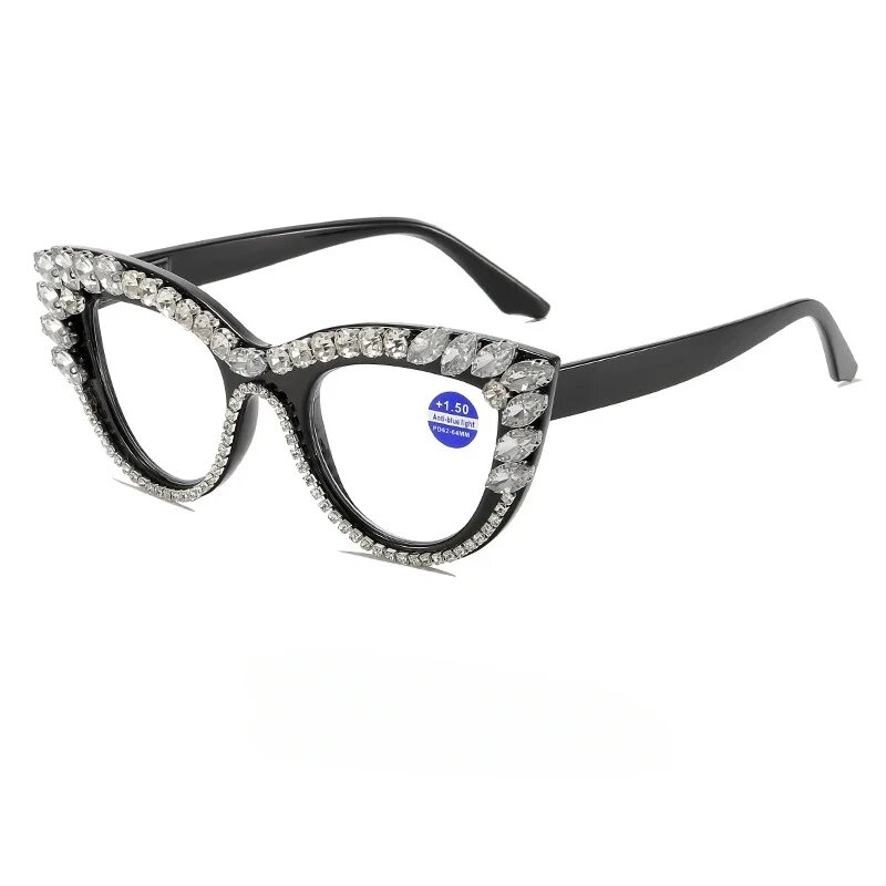 Женские очки для чтения кошачий глаз с бриллиантами, black, 1.5