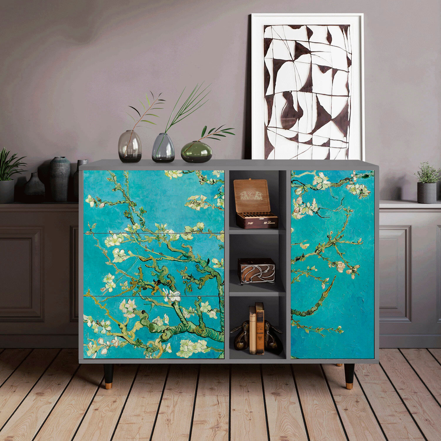Комод - STORYZ - BS2 Almond Blossom by Van Gogh, Разер - 125 x 97 x 48 см , Цвет корпуса - Серый