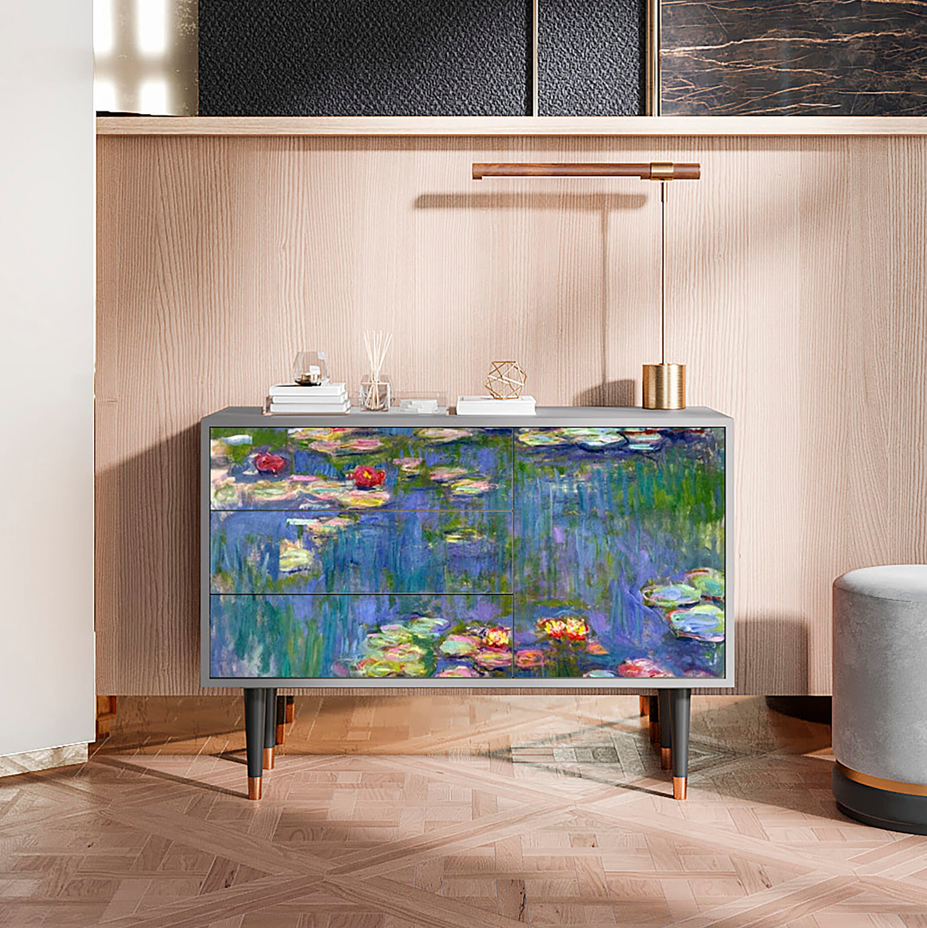 Комод - STORYZ - S3 The water lily pond by Claude Monet , Размер - 115 x 84 x 41 см, Цвет корпуса - , Серый