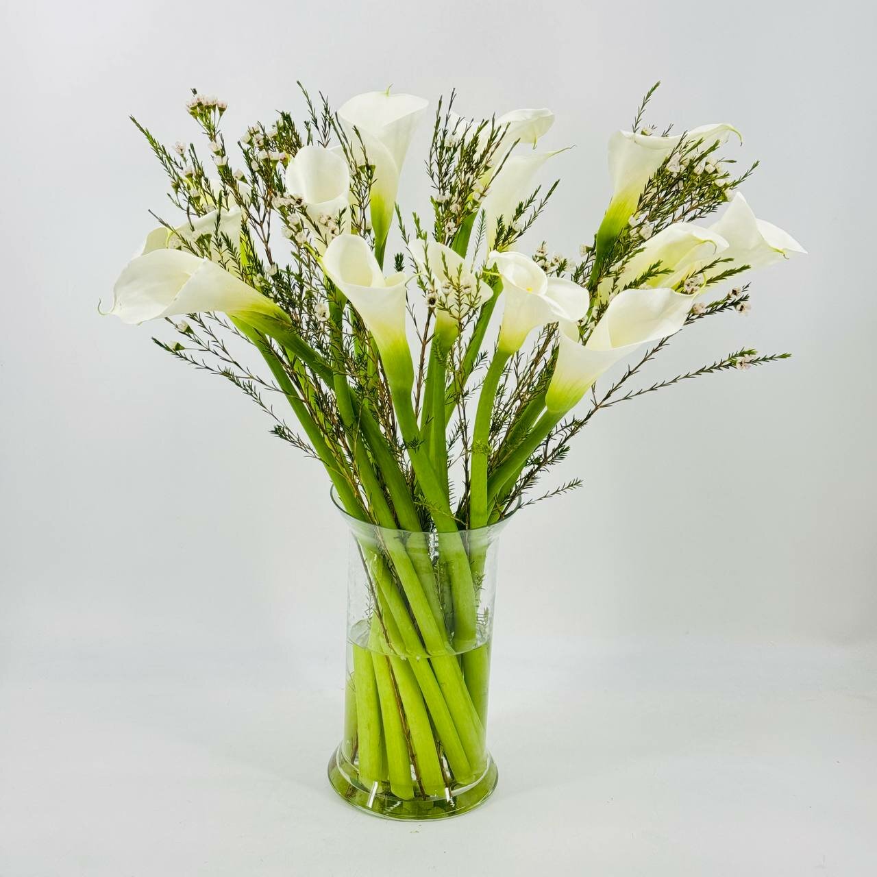 Живые цветы. Белые каллы и хамелациум