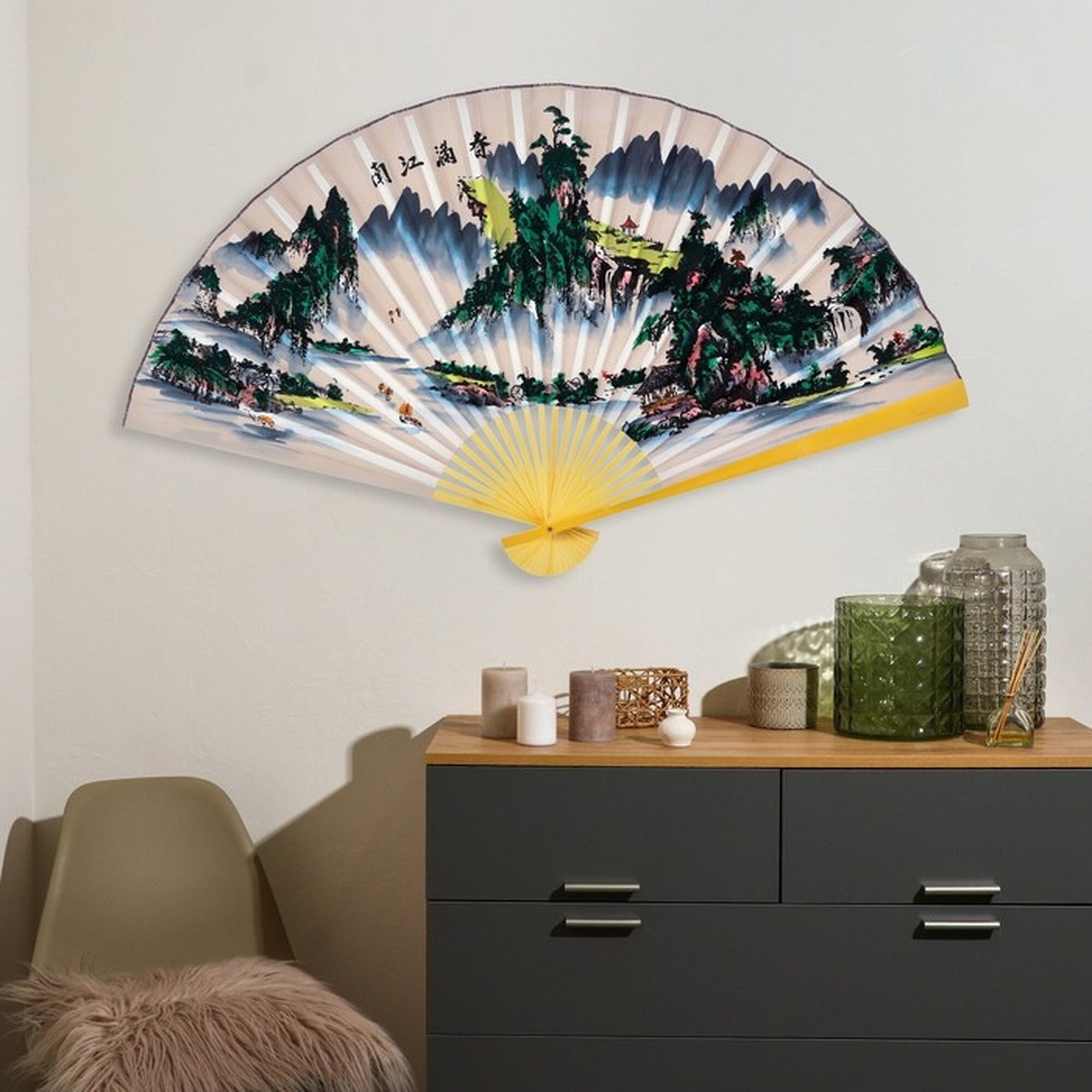 Веер Сима-ленд "Река и горы", бамбук, текстиль, высота 90 см, белый