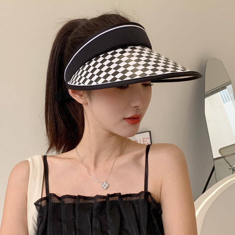 Шляпа, женская, летняя, корейская, в клетку, с козырьком, черная