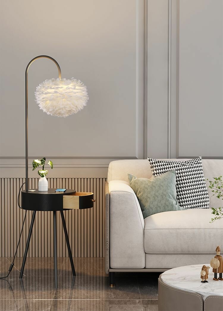 Торшер напольный со столиком, Абажур в форме пера. Регулируемый трехцветный свет