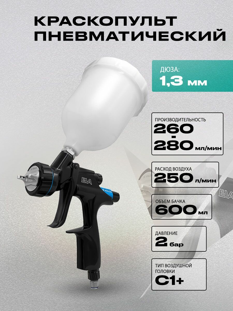 Краскопульт пневматический LVMP 1.3 мм, 600 мл, 2 бар, 250 л/мин, верхний пластиковый бачок пульверизатор для краски VOLCA EVA CLEAR