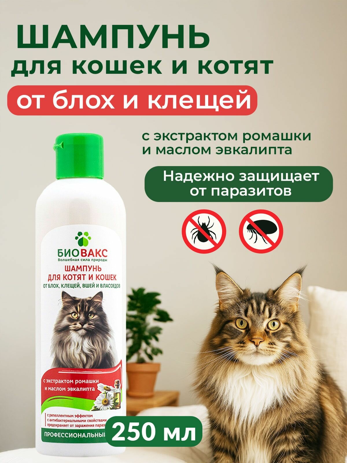 Шампунь для кошек и котят от блох, клещей, вшей и власоедов биовакс 250мл