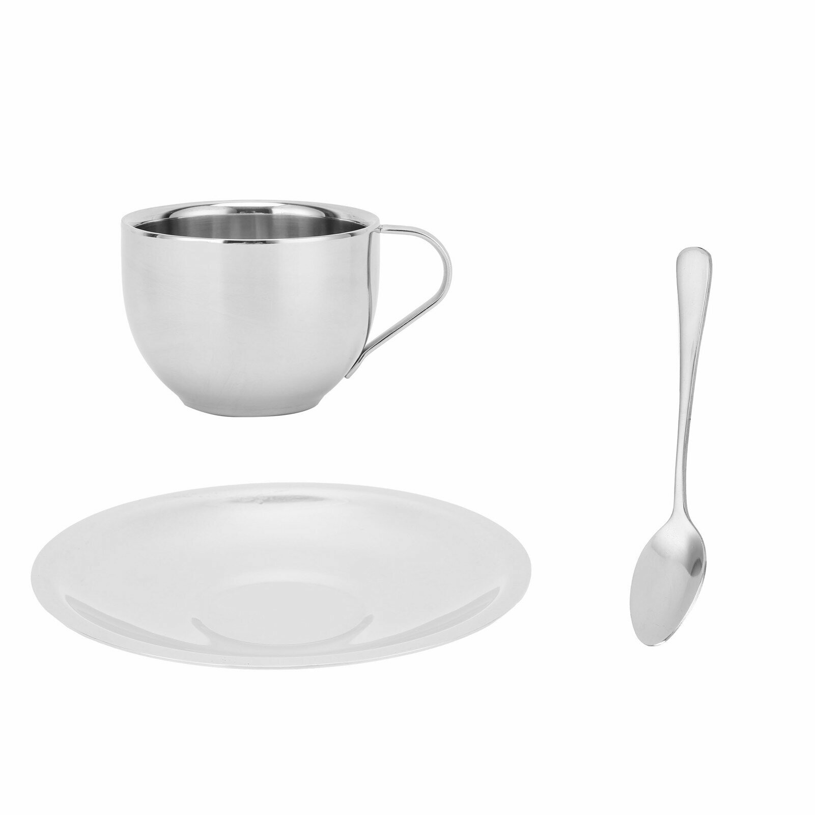 Кофейная чашка из нержавеющей стали, двухслойная изоляция, молочная кружка с ложкой, блюдцем, бытовая (серебро, 180 мл)