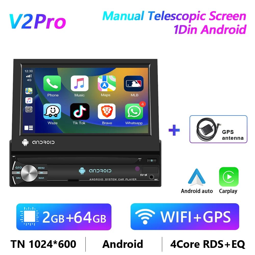 Podofo Android 1 Din автомобильный радиоприемник магнитофон GPS-навигация 7 "HD выдвижной экран мультимедийный видеоплеер аудио стерео без DVD